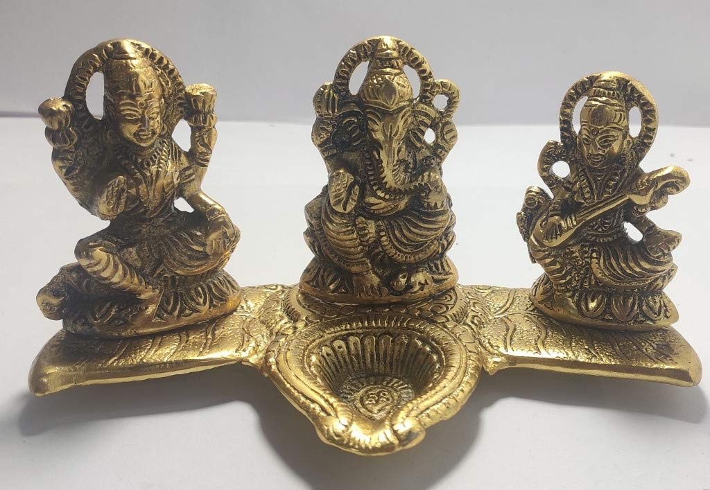 Buy puravedic Laxmi Ganesh Saraswati Idol Diya Oil Lamp Deepak - Metal ...