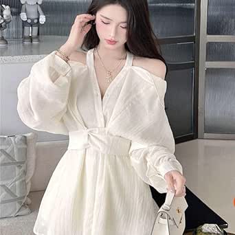 Amazon.co.jp: Cute white dress chiffon Korean Orchan summer beautiful ...