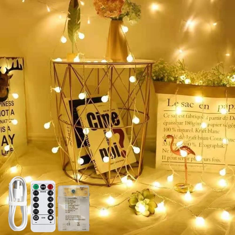 WEYSH Globe String Lights, Battery and USB Operated 33 FT 80 LED White ...