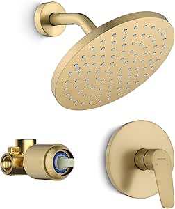Lavatrum Shower Faucet Set Brushed Gold, 8 Inch Rainfall Shower Head and Handle Set with Solid ...