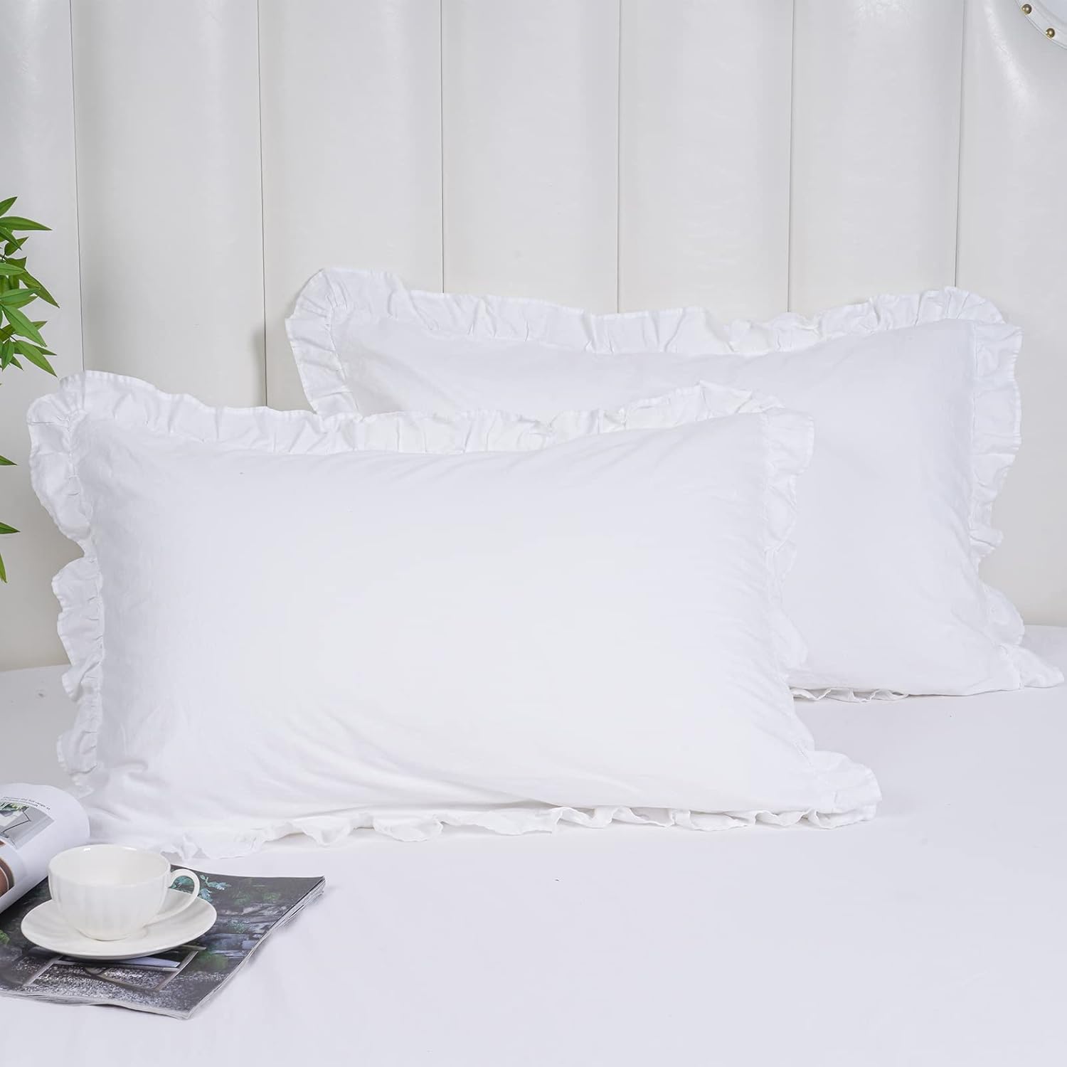 Amazon.com: PHF 100% Washed Cotton Ruffle Pillowcases Standard Size, 2 ...