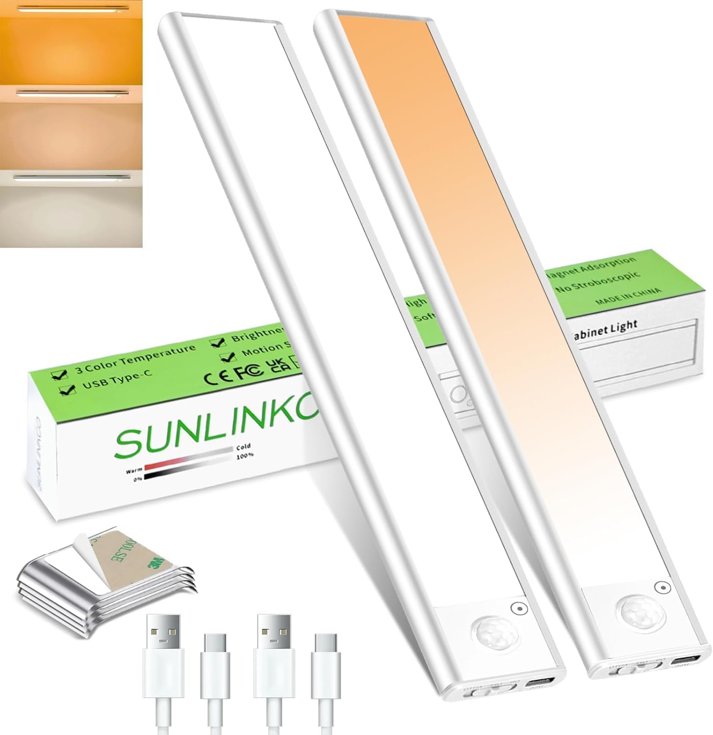 90LED Motion Sensor Under Cabinet Light,Closet Lights 3 Color Temperature&Stepless Dimming ...