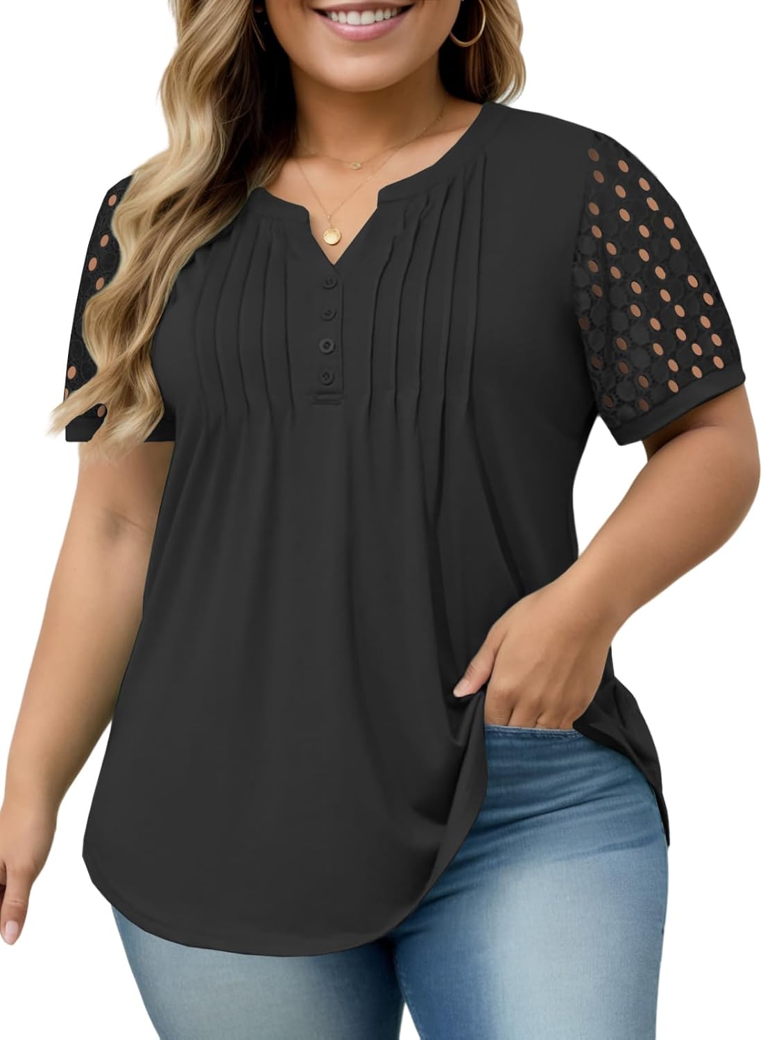 VISLILY Plus-Size-Womens-Summer-Tops Cute Henley V Neck T Shirts Dressy ...