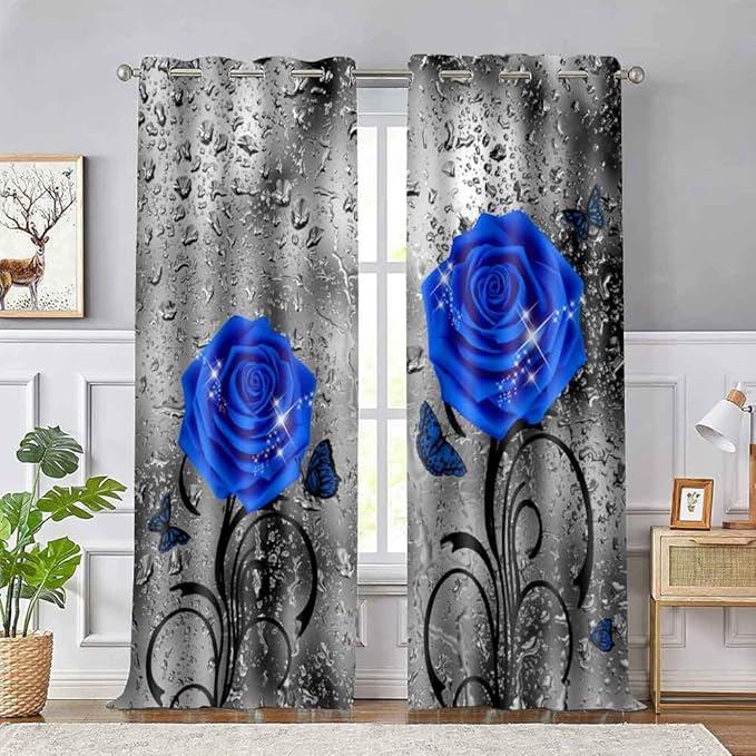 Amazon.com: EOTDMS Royal Blue Rose Curtains 84 inch Length Blue Floral ...