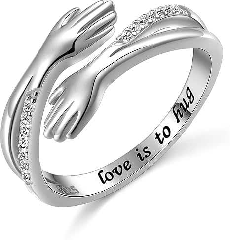 Hug Ring, 925 Sterling Silver Hugging Hands CZ Open Ring Engraved Love ...