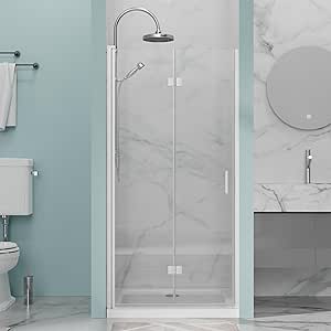 Bathenum 34 in.W x 72 in.H Bifold Frameless Glass Shower Door 1/4” Tempered Clear Glass Pivot ...