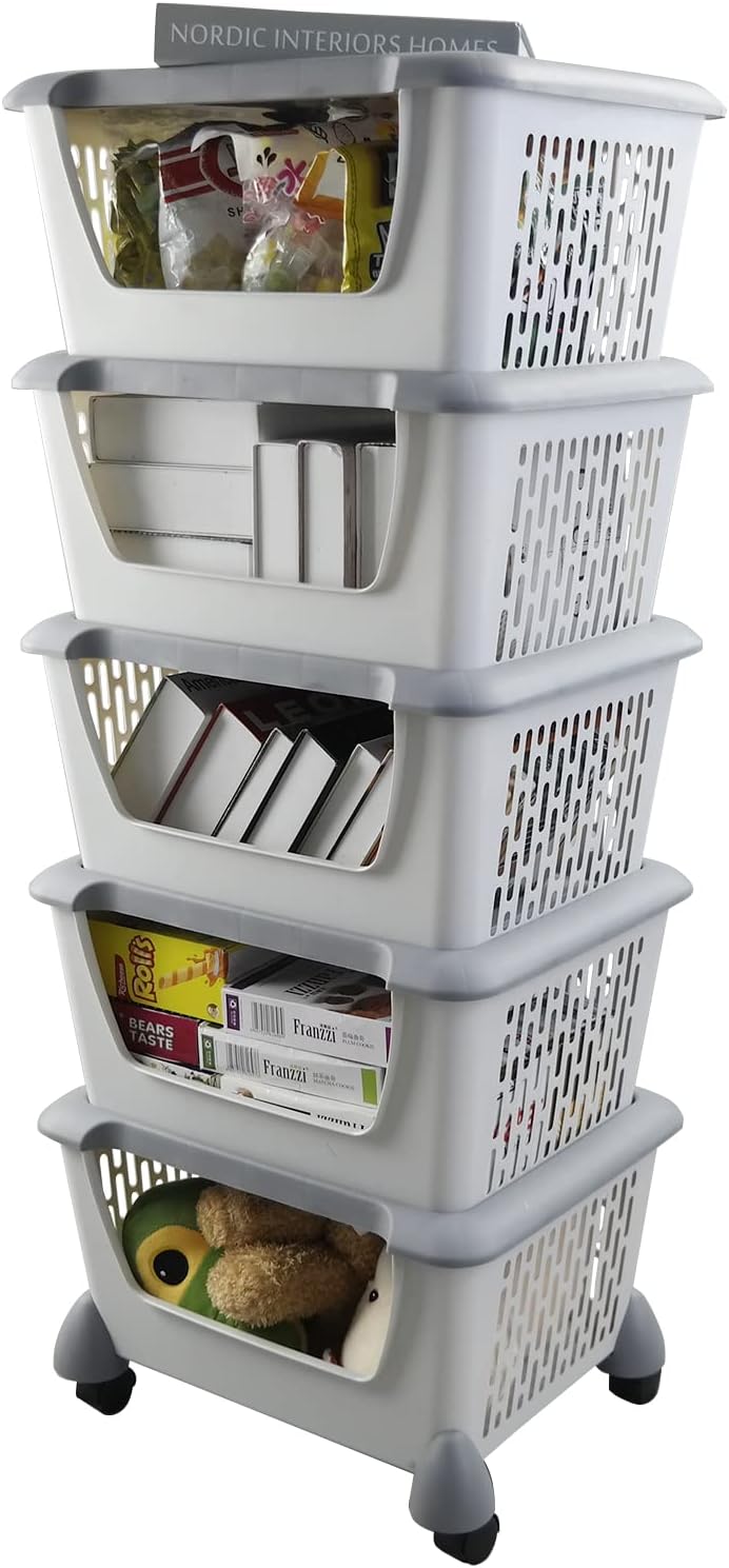 Amazon.com: Farmoon 5 Pack Plastic Stackable Storage Baskets, Grey ...