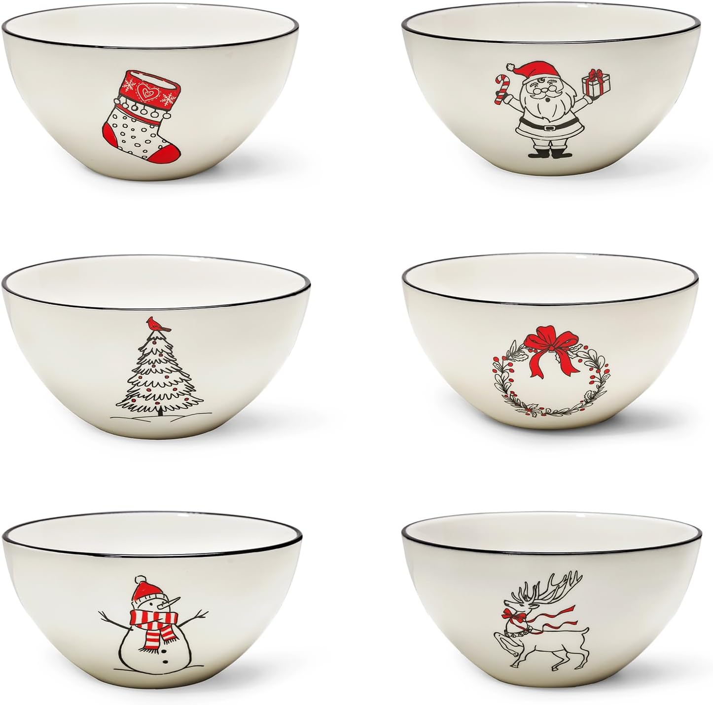 LEHAHA Ceramic Christmas Bowls Set of 6, 6 inch Santa 23oz Cereal Bowls ...