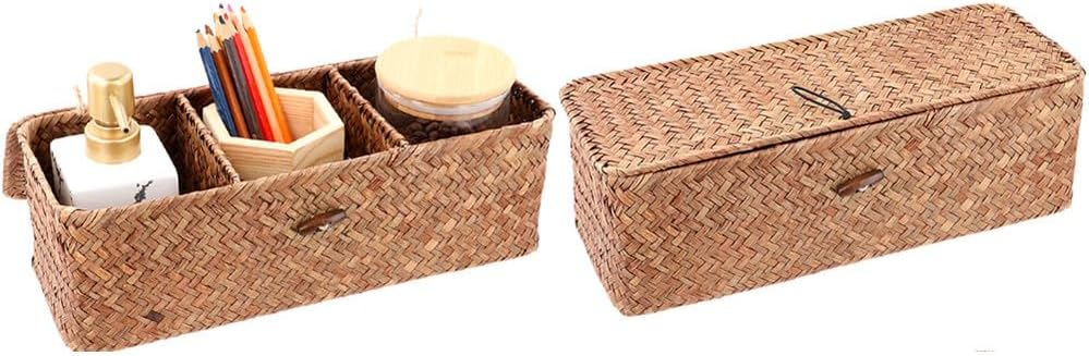 Amazon.com: Lnrueg 2 PCS Woven Basket with Lid Seagrass Tank Toilet ...
