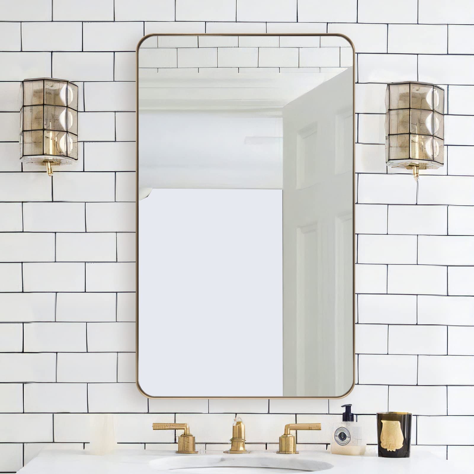 ANDY STAR Brushed Gold Bathroom Vanity Mirror, 24"x40" Sleek Rounded ...