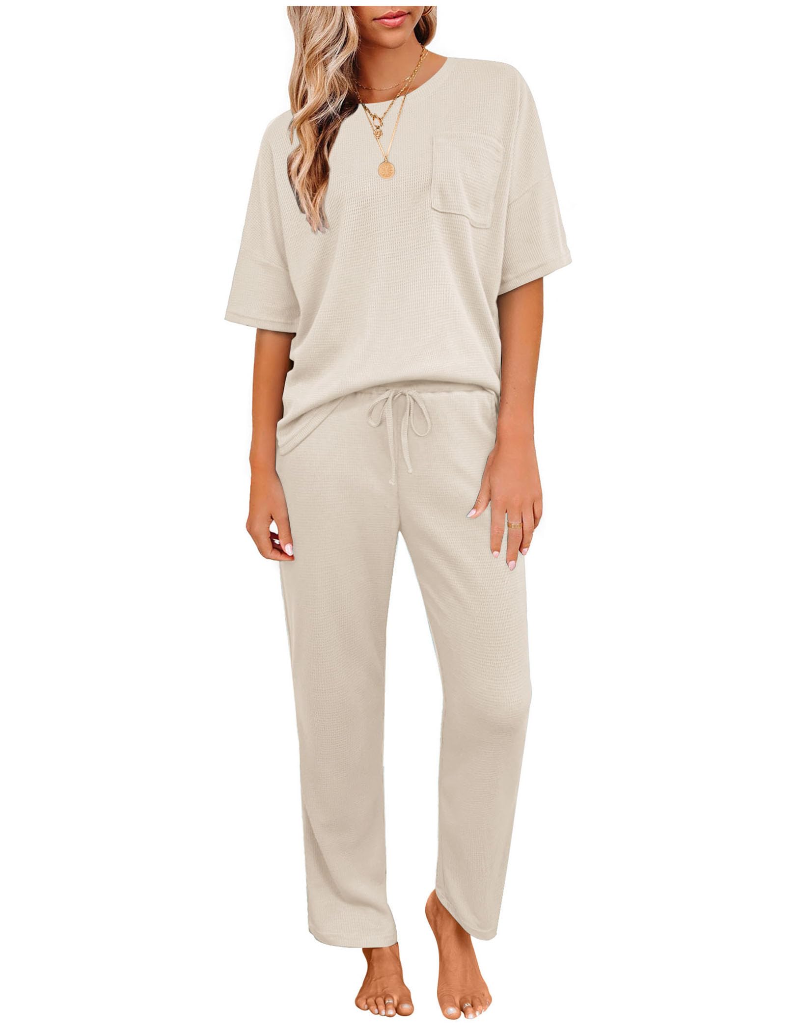 JiniGolla Womens Pajama Sets Waffle Knit Short Sleeve Shirt with Long ...