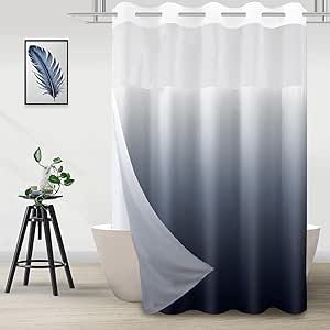 Amazon.com: TWLSNCD Extra Long No Hook Ombre Blue Shower Curtain with Snap in Fabric Liner Set ...