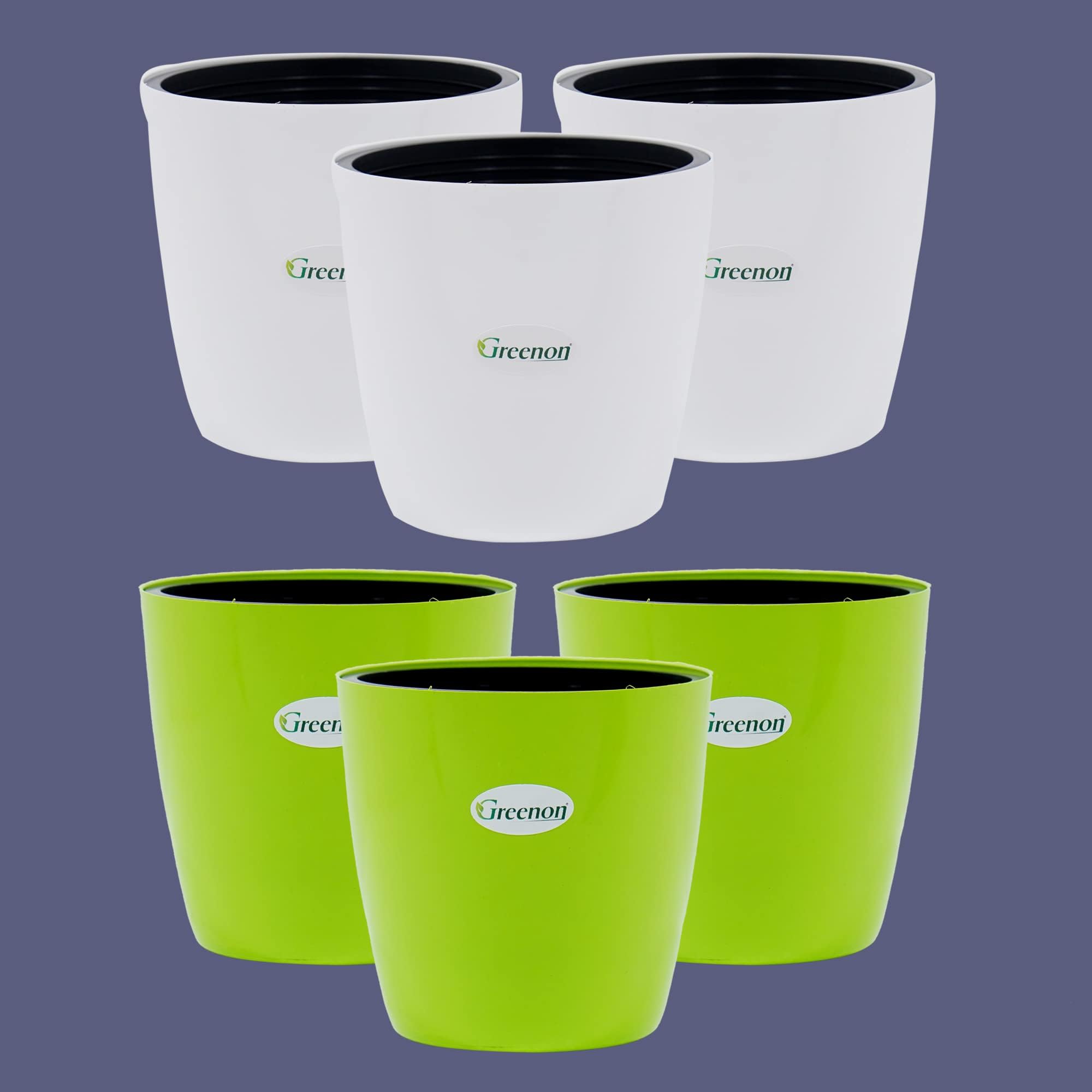 GREENON 5 inch Plant Pot Pack of 6 (12 Pots) White, Green | Self Water ...
