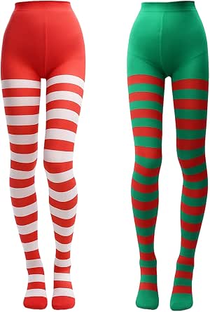 XNBTFK 2 Pairs Elf Tights Green & Red, Women's Red & White Striped ...