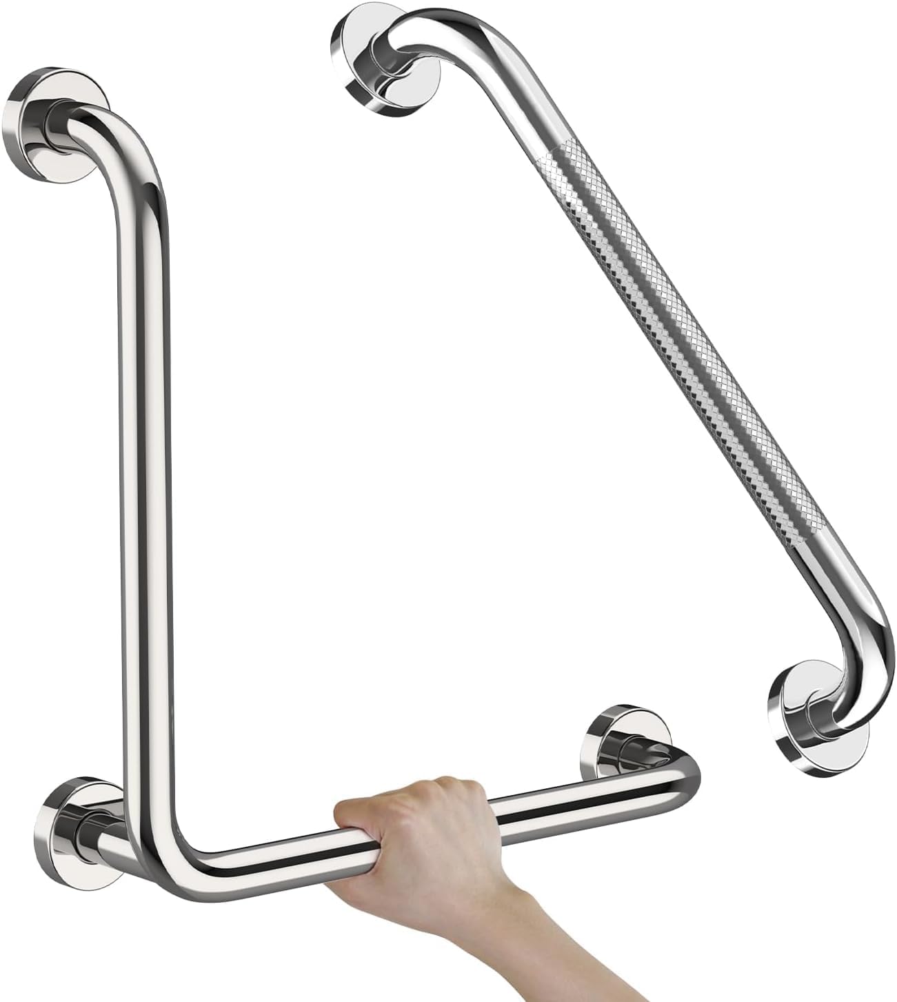 Bath Grab Bar 90 Degree Chrome 16x16 Inch + Knurled Shower Grab Rail 20 ...