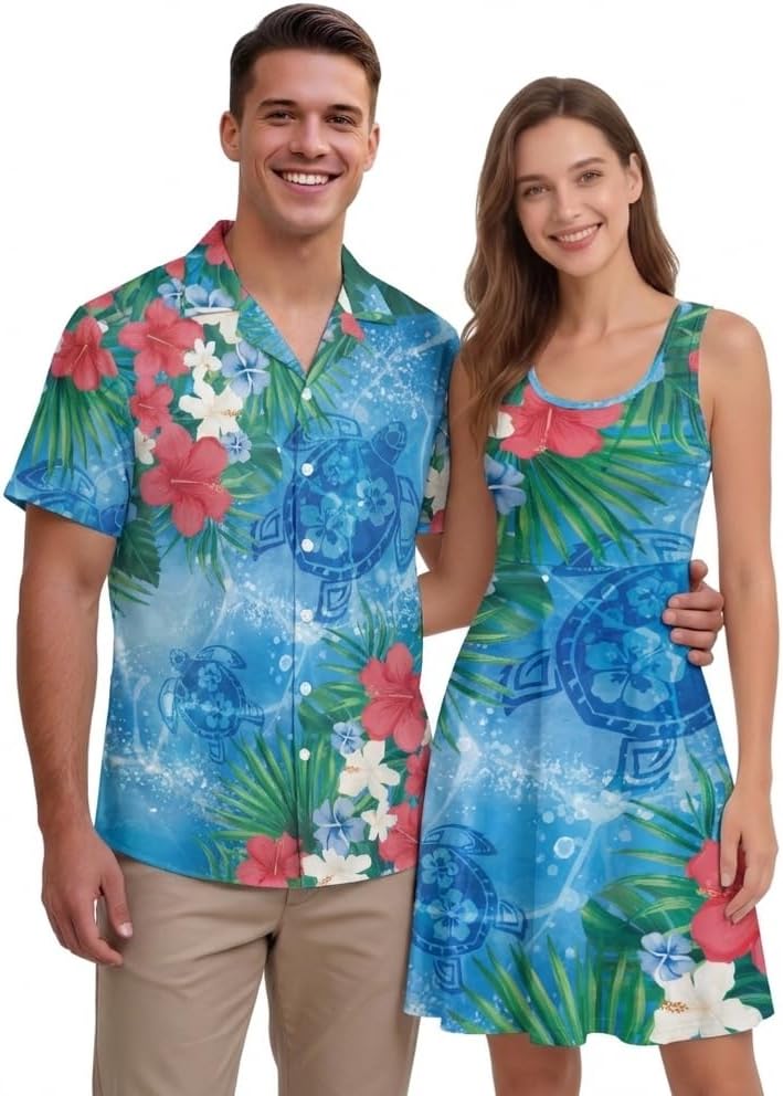 Amazon.com: JOAIFO Blue Sea Turtle Hibiscus Print Hawaiian Shirt for ...
