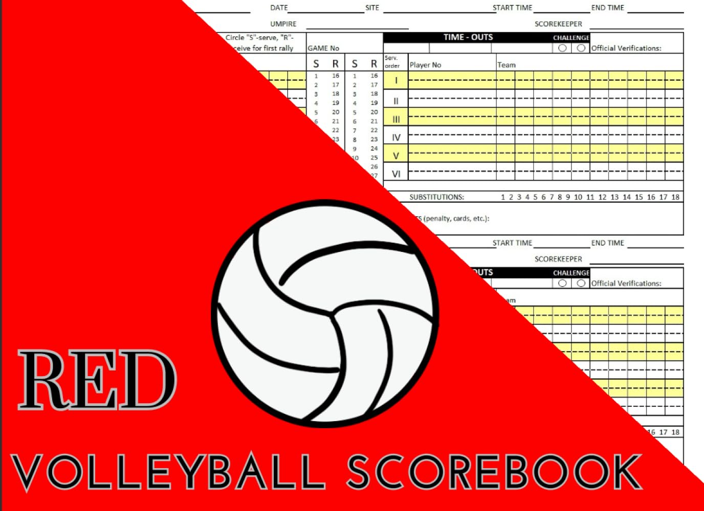Red Volleyball Scorebook: Scoresheets for 50 games, Rosters, Pages for ...