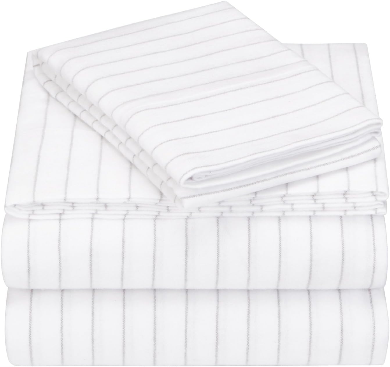Pinzon 160 Gram Pinstripe Flannel Cotton Bed Sheet Set, Twin XL, White ...