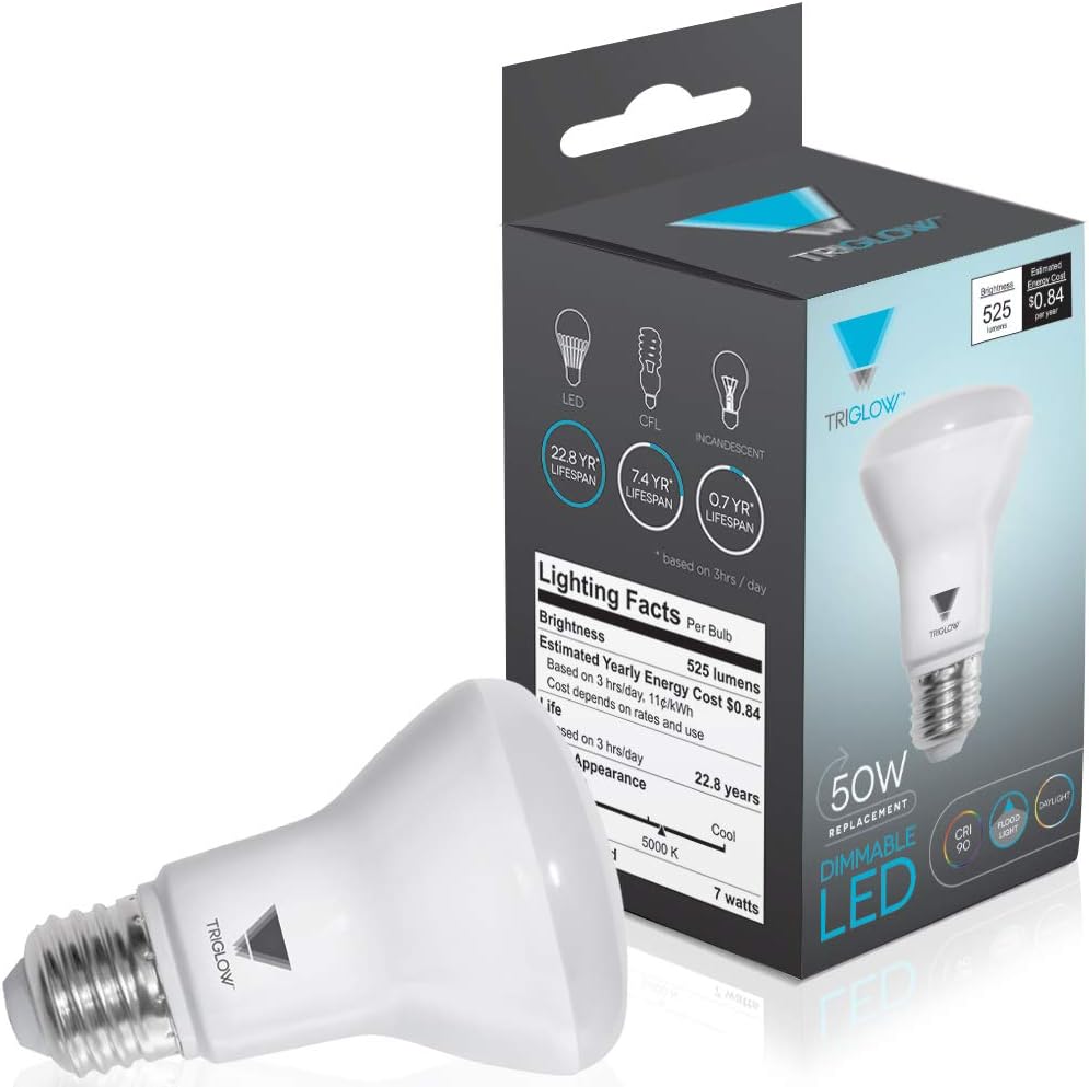 TriGlow LED 7-Watt (50W Equivalent) BR20 Bulb, DIMMABLE 525 Lumen, UL ...