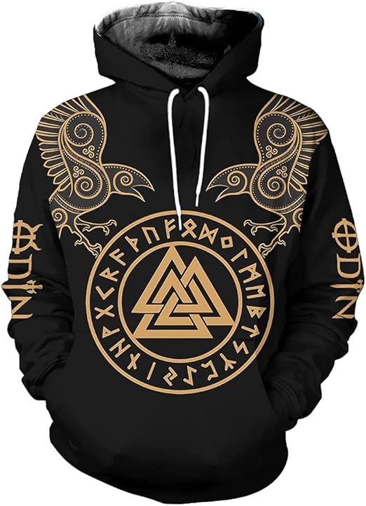 Men's Nordic Clothing, Viking Odin Raven Totem Hoodie/Valknut Rune ...