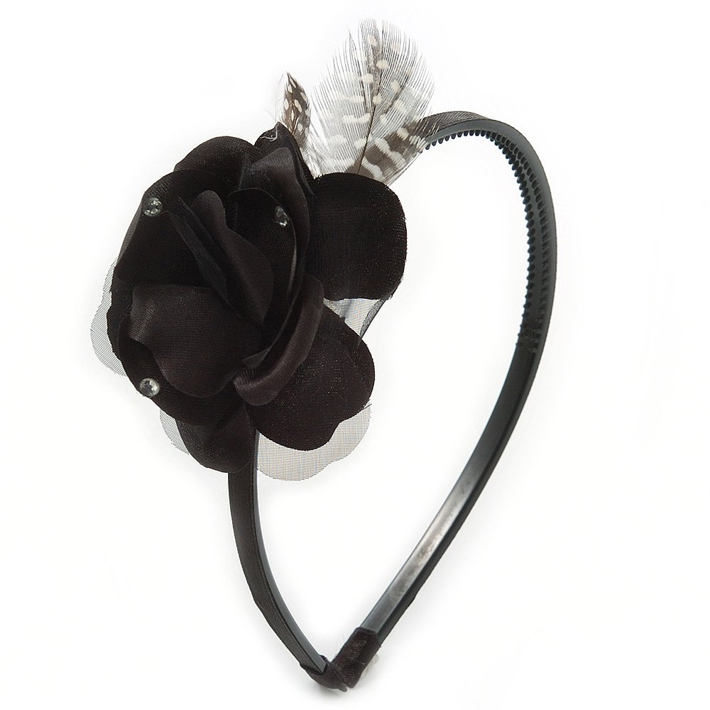 Thin Black with Side Silk & Feather Rose Flower Alice/Hair Band ...