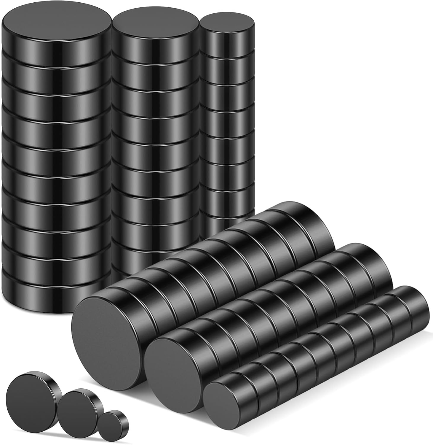 Wukong Black Magnets Set in 3 Sizes, 60 Pieces 5mm/8mm/10mm x 3mm Thick ...