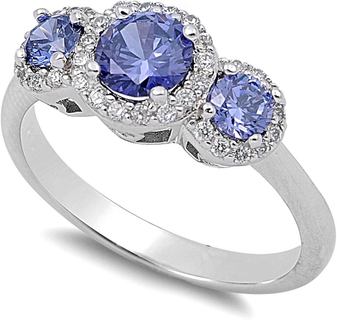Amazon.com: 925 Sterling Silver Cubic Zirconia Three Stone Halo Round Prong Simulated Tanzanite ...