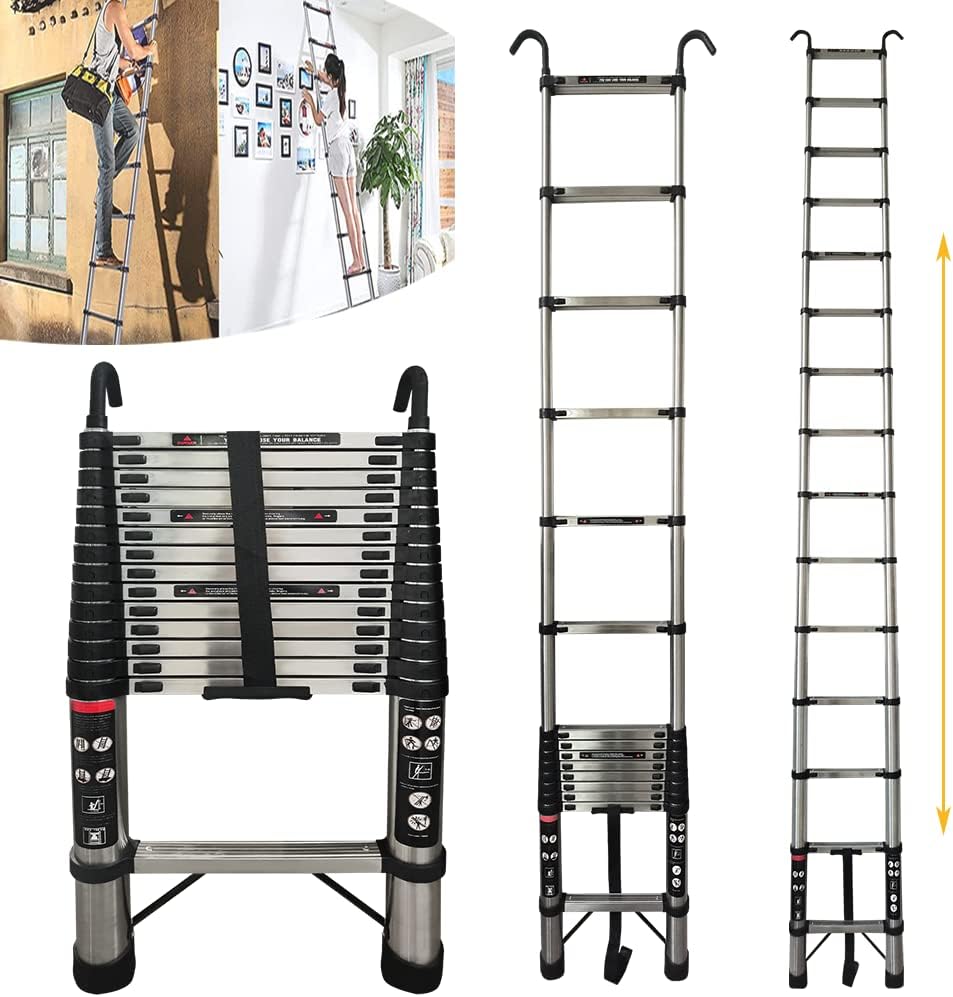 Telescopic Ladder 4M/14.4FT Multi-Purpose Folding with Detachable Hooks ...