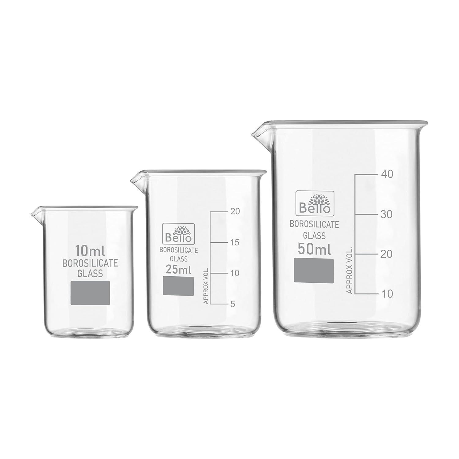 Bello Borosilicate 3.3 Glass Beaker 10ml, 25ml, 50ml with Graduation ...