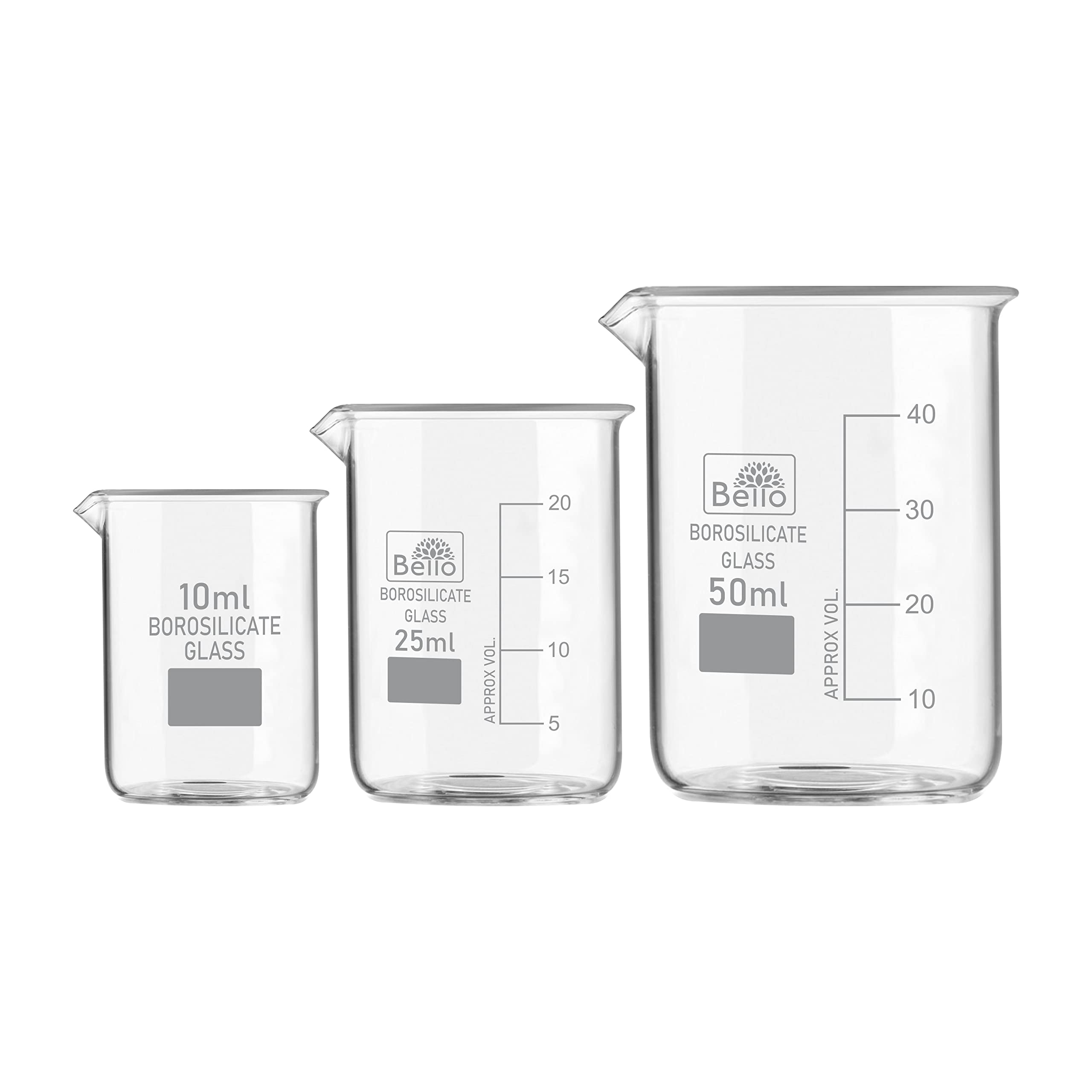 Bello Borosilicate 3.3 Glass Beaker 10ml, 25ml, 50ml with Graduation ...