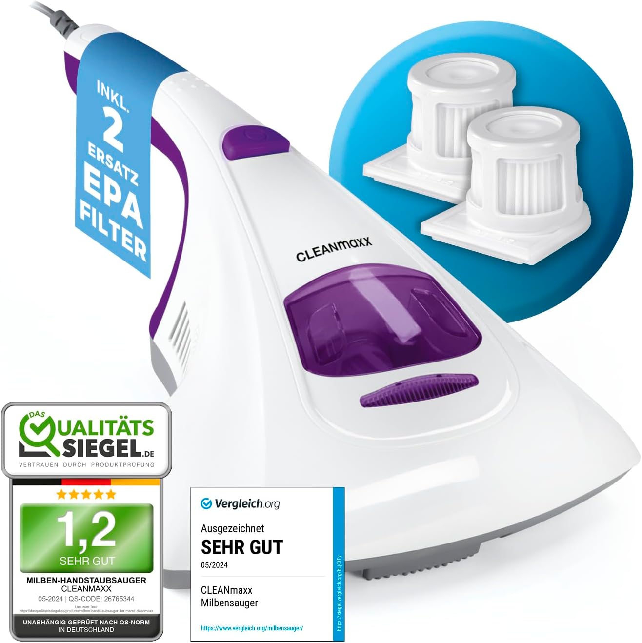 CLEANmaxx Milbensauger mit UV-C-Licht & 2 EPA-Filter, Lila