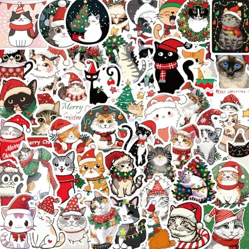 Amazon.com: Christmas Cats Stickers 50PCS Kawaii Funny Christmas Cats ...