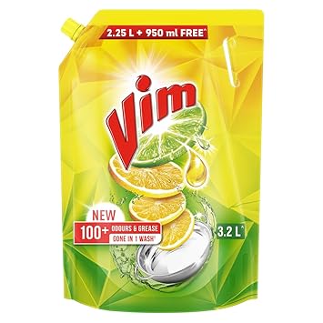 Vim Dishwash Liquid 3.2L | Removes 100+ Odours & Grease in 1 wash | Infused with power of lemons ...