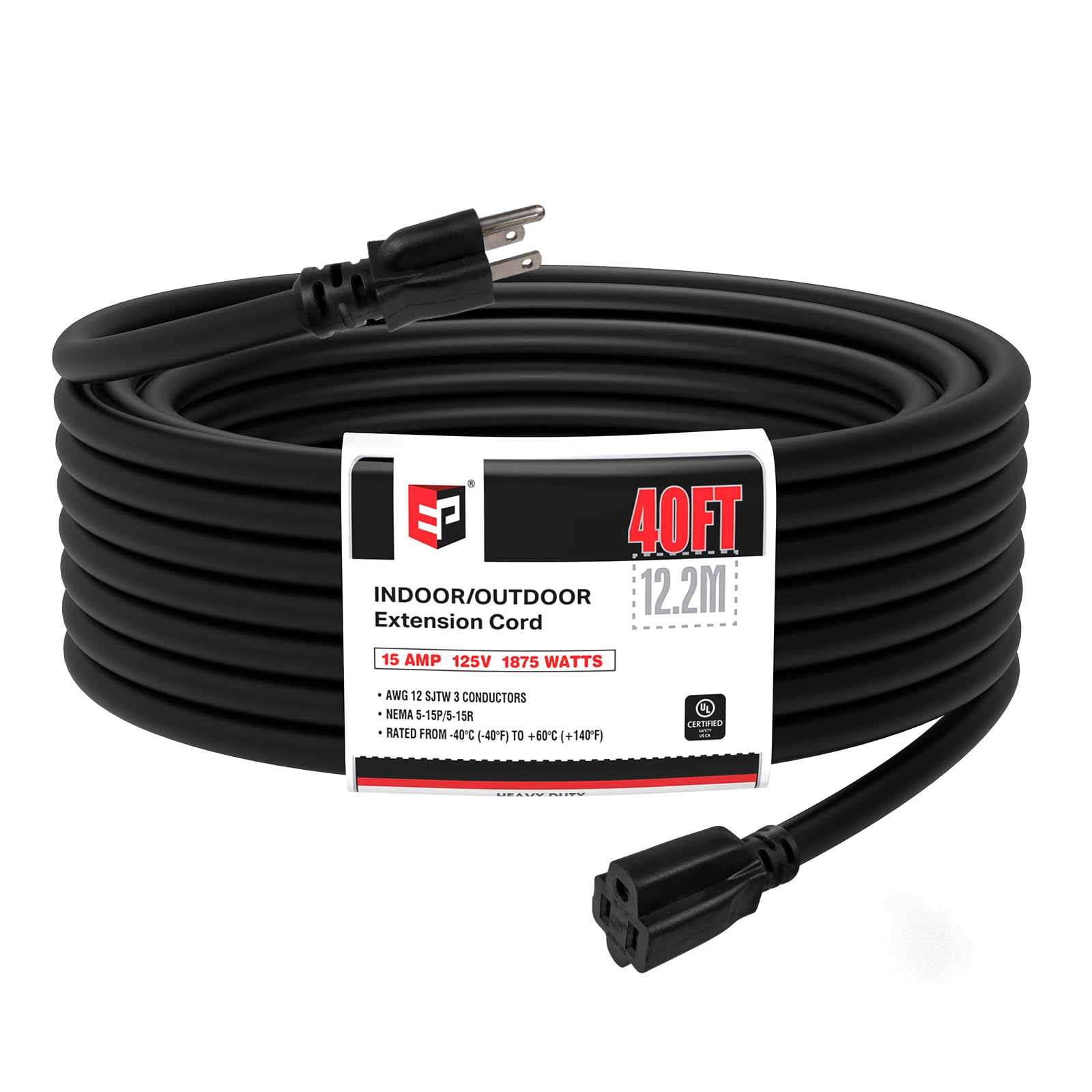 EP 40 Ft Outdoor Extension Cord - 12/3 SJTW Heavy Duty Black Extension ...