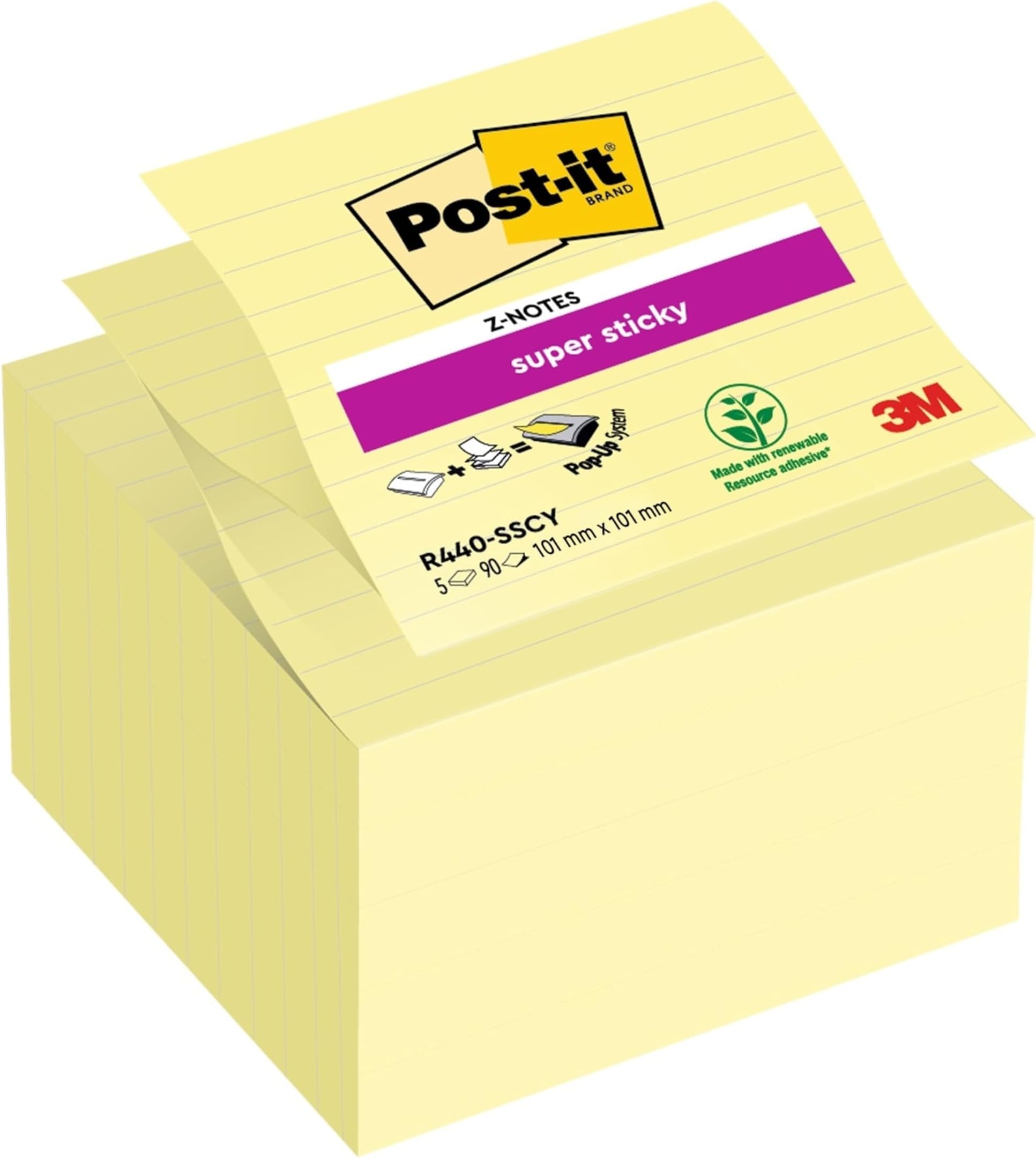 Post-it Super Sticky Large Z-Notes Canary Yellow Lined 101 mm x 101 mm ...