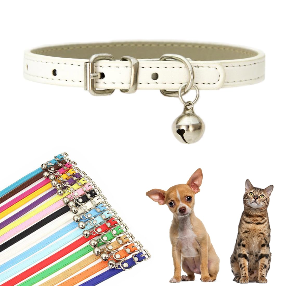 Amazon.com : White Kitten Collar with Bell, Faux Leather Puppy Collar ...