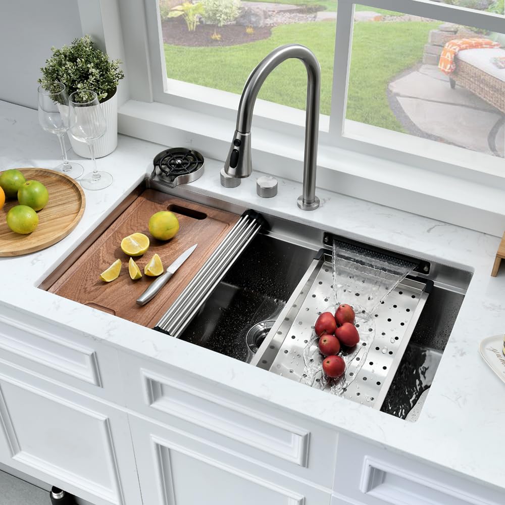 33 Inch Undermount Waterfall Kitchen Sink with Faucet Combo-Bokaiya ...