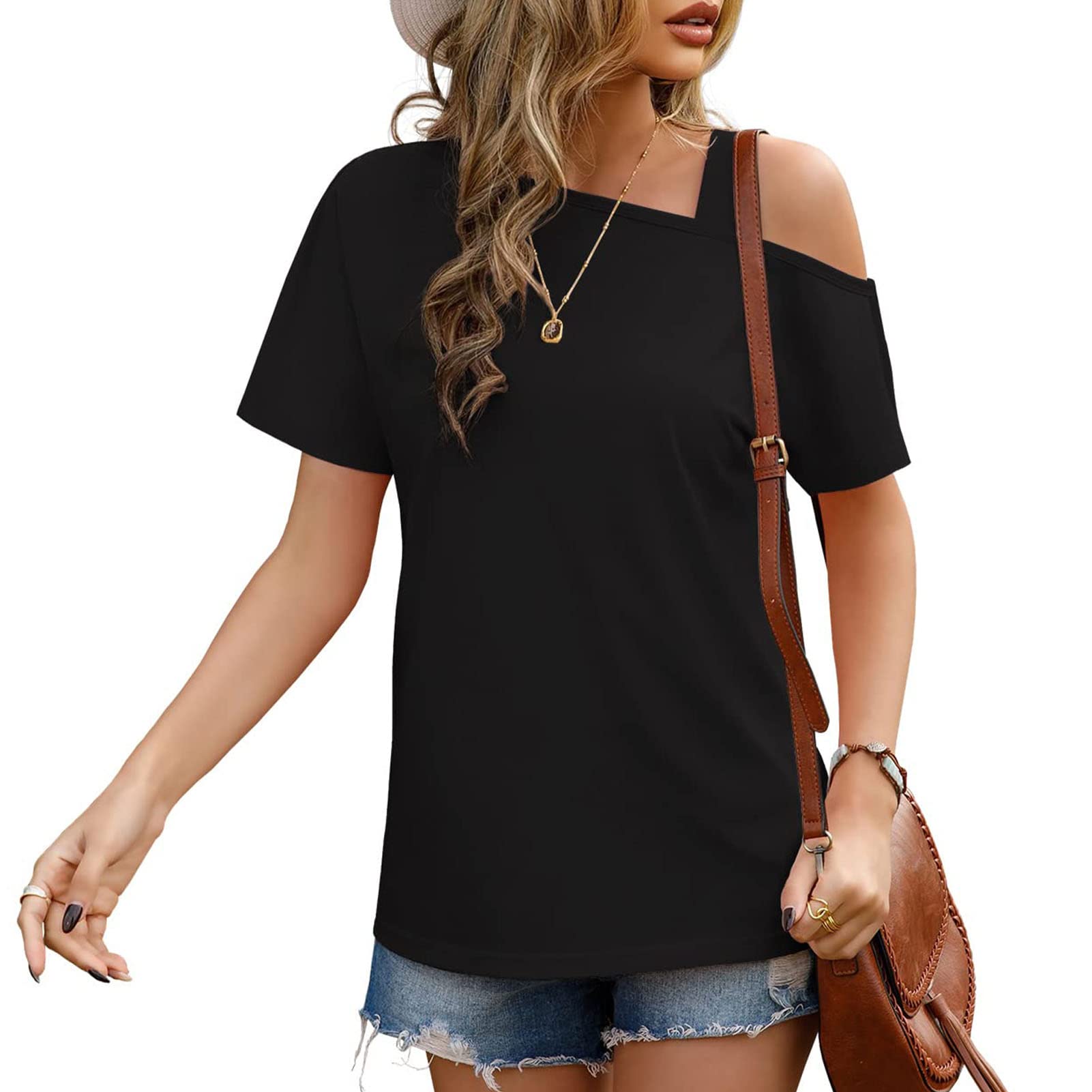 NIBEMINENT Women One Cold Shoulder T Shirt Fashionable Loose Type ...