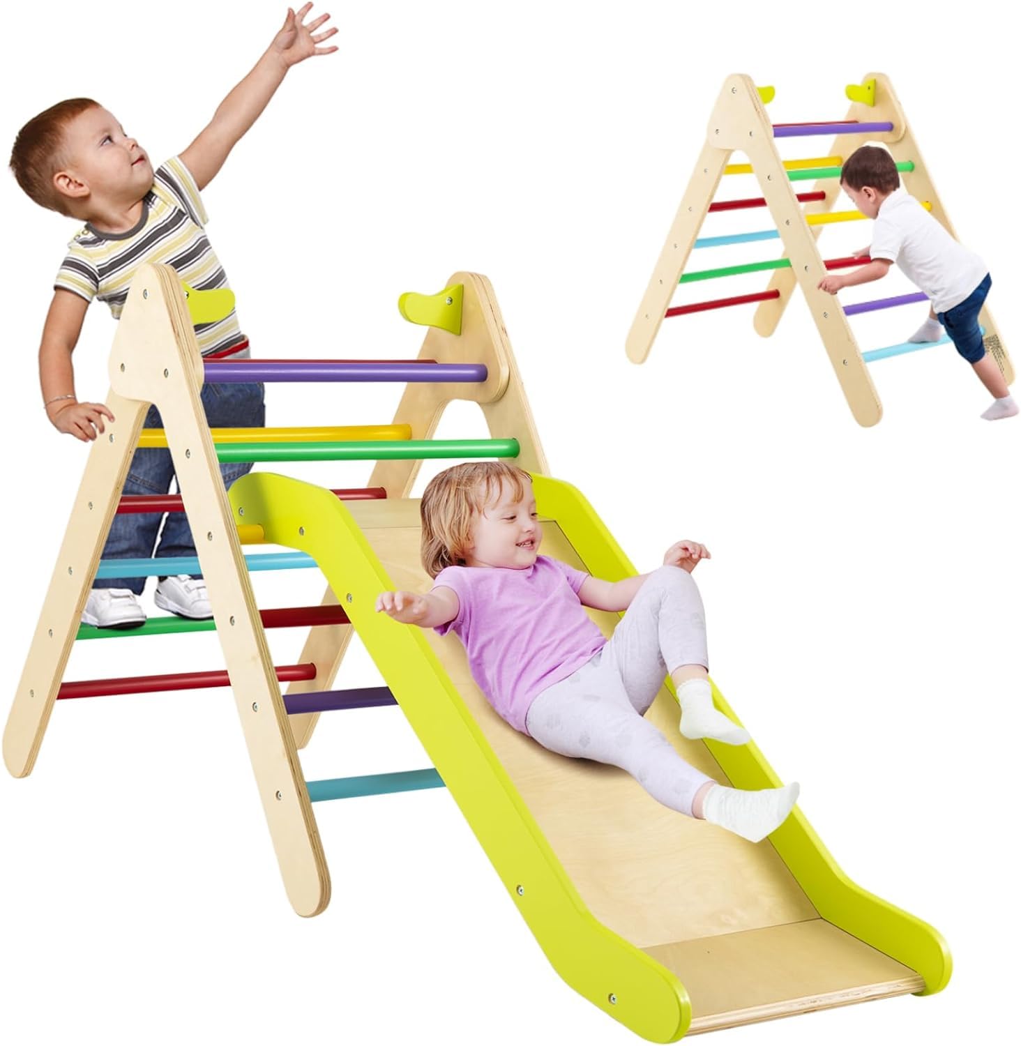 HONEY JOY Wooden Climbing Triangle Ladder for Kids, 2 in 1 Pikler ...