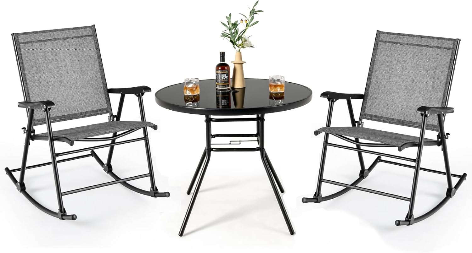COSTWAY 3 Piece Rocking Bistro Set, Garden Furniture Set with Tempered ...