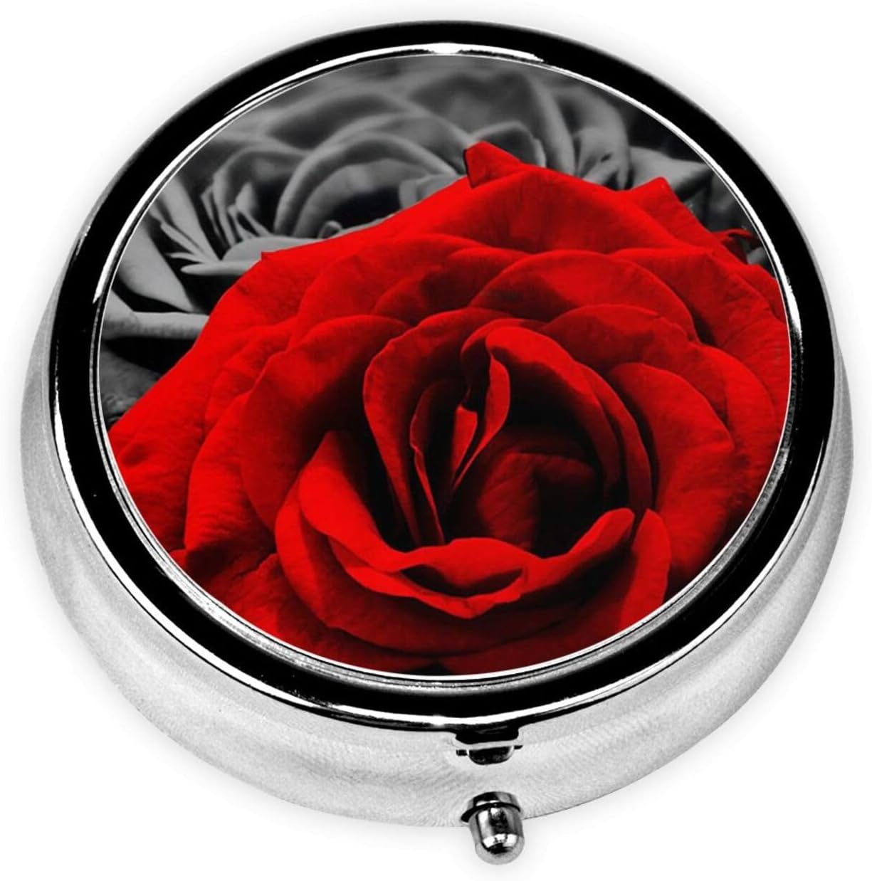 Black White and Red Roses Print Compact Round Mini Pill Box - Portable ...