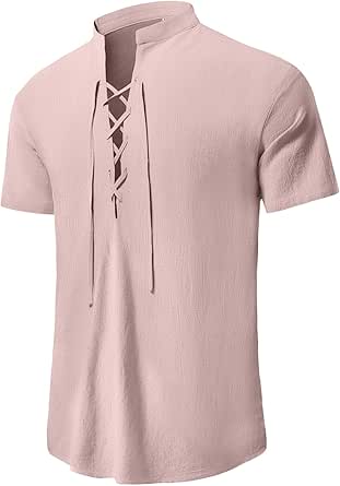 Amazon.com: KUYIGO Men's Cotton Linen Shirt Pirate Vintage Short Sleeve Lace Up Renaissance ...