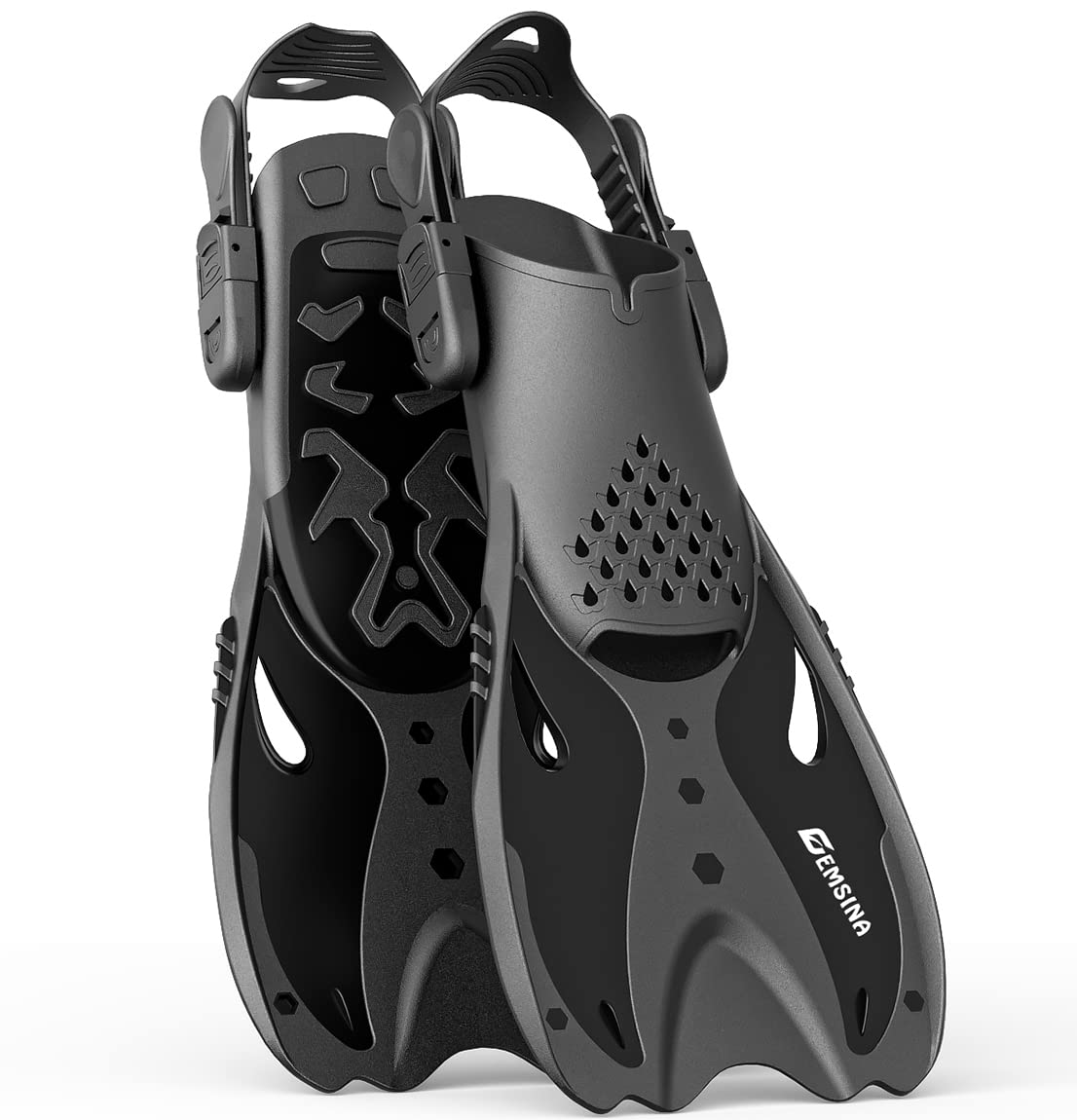 EMSINA Snorkel Fins Adjustable Buckles Open Heel Swim Flippers Travel ...