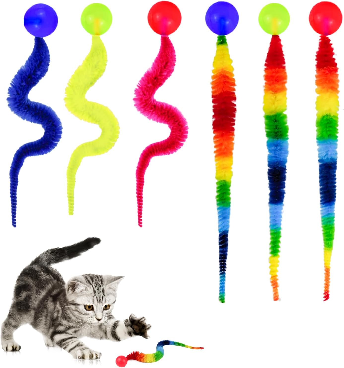 GiantGo 6 Colors Worm Cat Toys Cat Balls Toy Interactive Cat Toy Furry Tail Kitten Toys Cat Wand ...
