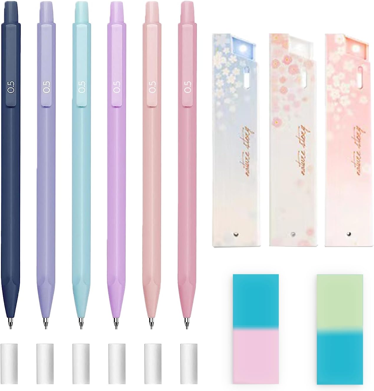 Mechanical Pencil Set, 60 HB Leads and 2 Erasers,6 cap eraser refills ...