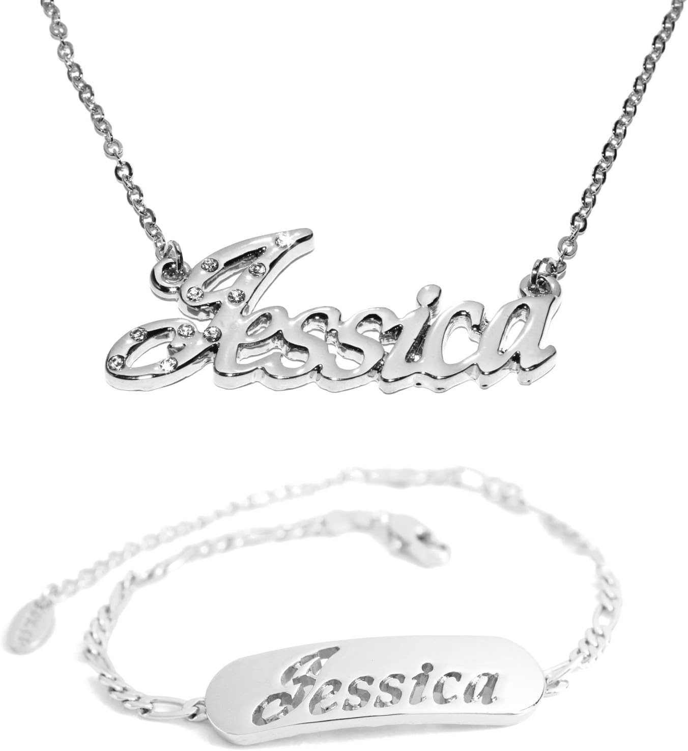 Amazon.com: Zacria Jessica Name Necklace & Bracelet 18K White Gold ...