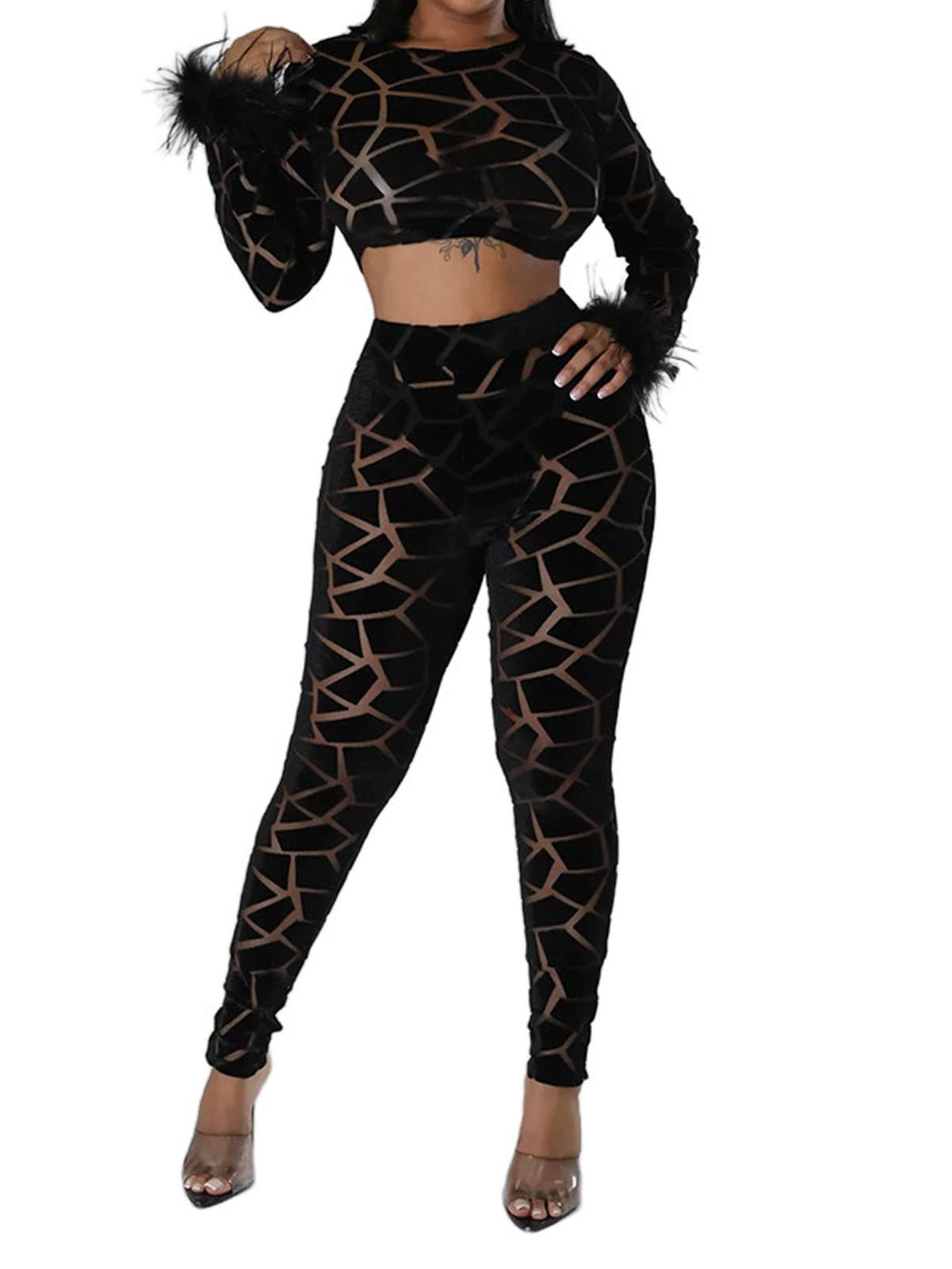 Uni Clau Women's Sheer Mesh Two Piece Jumpsuits See Through Long Sleeve ...