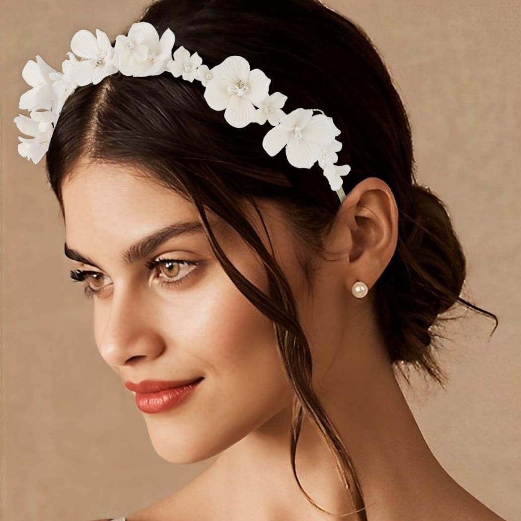 Amazon.com : Haomye Flower Wedding Headbands White Pearl Headband ...