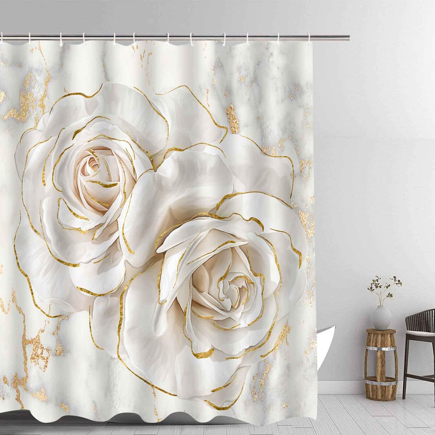 Amazon.com: GURETER White Rose Shower Curtain, Blossoming Floral Gold ...