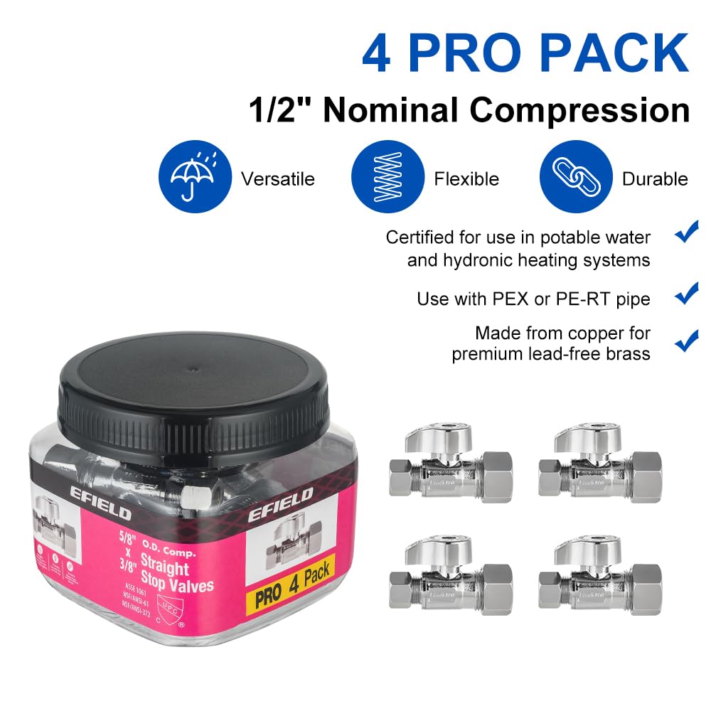 Plumbing Repair Valves Pro 8-Pack Angle Stop Valves - 1/2" Compression ...